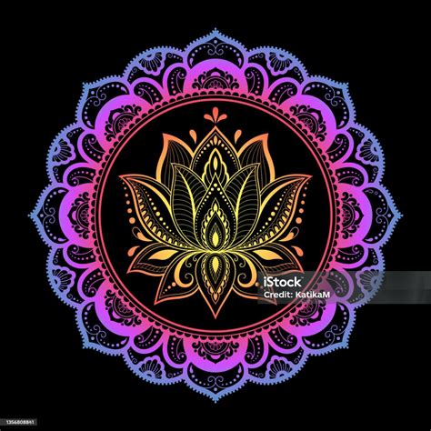 헤나 멘디 문신 장식에 대한 연꽃만다라의 형태로 원형 패턴 민족 동양 스타일의 장식 장식 검은 색 배경에 무지개 패턴 연꽃과에
