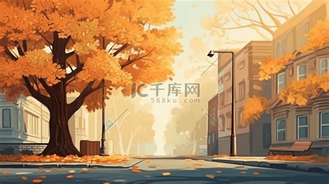 唯美秋季金黄色树叶风景16插画图片 千库网