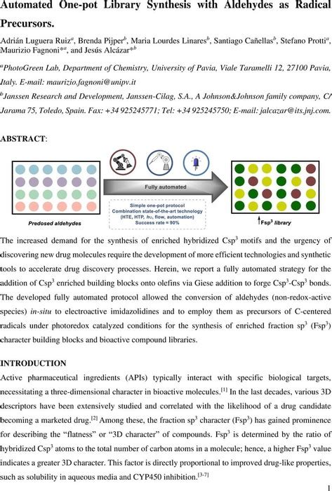 Automated One Pot Library Synthesis With Aldehydes As Radical Precursors Biological And