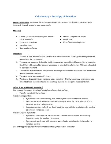 Calorimetry Lab Enthalpy Of Reaction