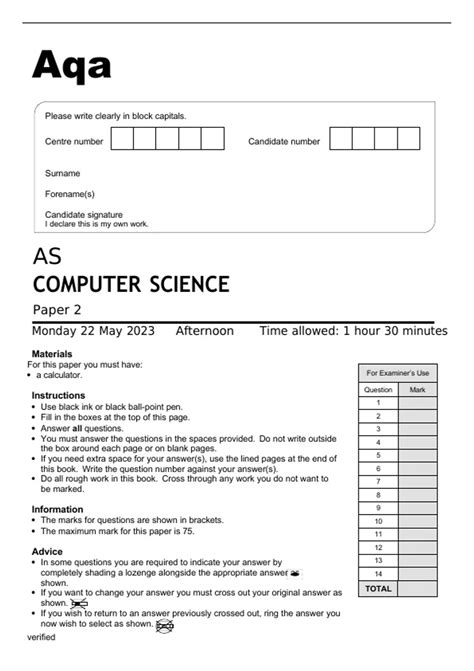 Aqa AS Computer Science Question Paper And Mark Scheme June Stuvia US