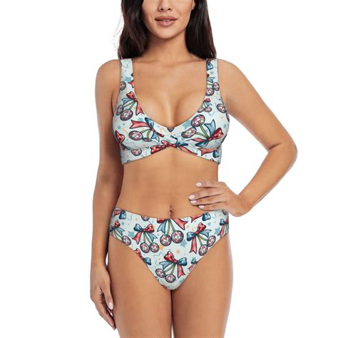 Zeuib Disco Ball Cherry With Bow High Waisted Tummy Control Bikini Set
