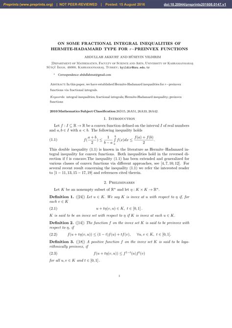 Pdf On Some Fractional Integral Inequalities Of Hermite Hadamard Type