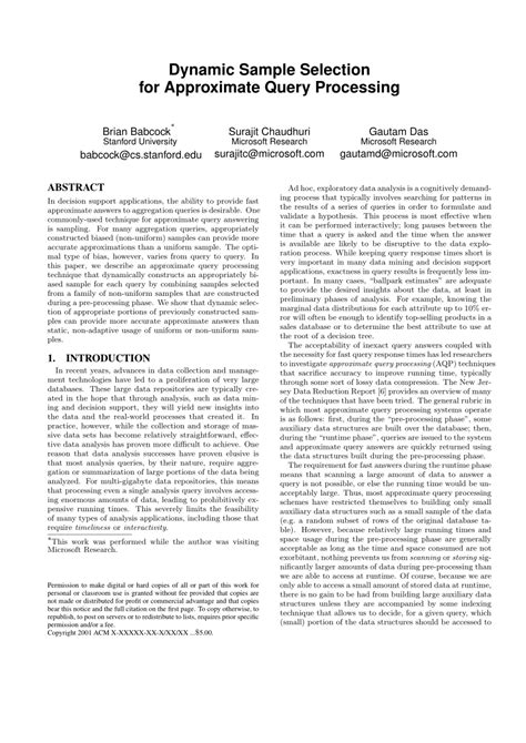 pdf dynamic sample selection for approximate query processing