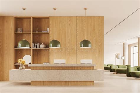 современный офисный вестибюль с письменным столом и панорамным окном в гостиной Иллюстрация