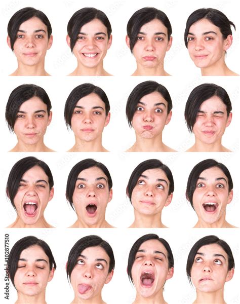 Black Hair Adult Caucasian Woman Collection Set Of Face Expression Like
