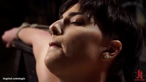 Hairy Pussy Brunette Slave Beauty Kristen Scott Is Bound Spreaded In Squating Position To Wooden