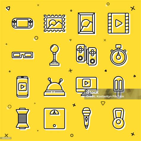 세트 라인 케틀벨 아이스크림 스톱워치 사진 풍경 아케이드 머신용 조이스틱 시네마 안경 휴대용 비디오 게임 콘솔 및 게임 패드 아이콘 벡터 0명에 대한 스톡 벡터 아트 및