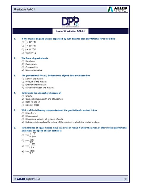 Gravitation Class 11 Dpp 1and2 Pdf