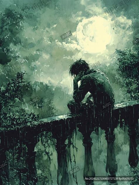 Ai创作图二次元梦幻插画 唯美男生插画 梦幻忧伤迷离恍然 唯美伤感 哭泣的背影 伤感的背影 伤感情调素材 月光插画月光下 凄美萧条场景 夜雨