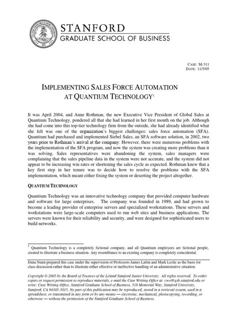 Implementing Sales Force Automation At Quantium Technology Pdf