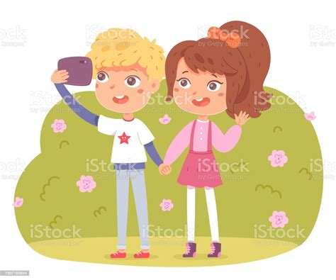 아이들이 전화로 셀카를 찍습니다 공원에서 스마트 폰에 사진을 찍고 어린 소년과 소녀 모바일 장치 벡터 일러스트레이션을 가진 어린이 전자 제품으로 야외 재미있는 활동 개성