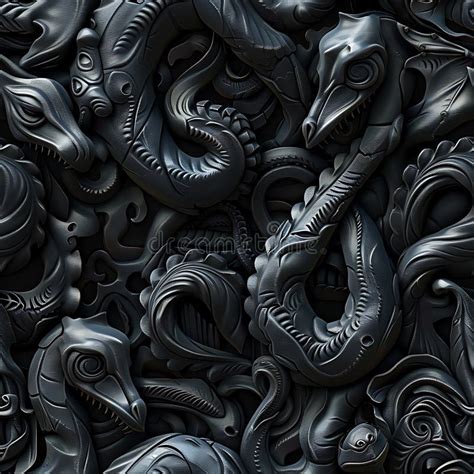 Monochromatic Black Swirling Serpant Dragons In A Repeating Pattern Stock Illustration