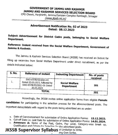 Jkssb Supervisor Syllabus 2025 Exam Pattern Download Pdf