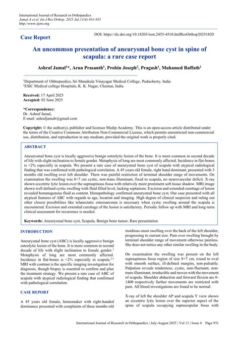 Pdf An Uncommon Presentation Of Aneurysmal Bone Cyst In Spine Of