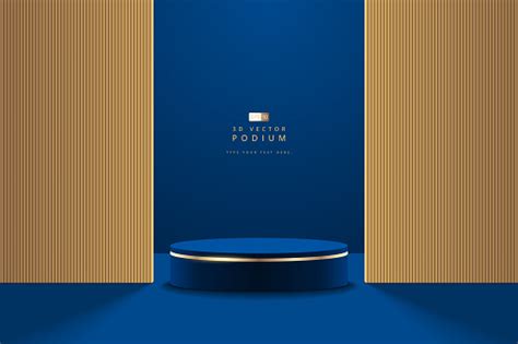 고급 파란색 3d 실린더 연단 사실적 또는 제품 디스플레이 프리젠 테이션 및 금 수직 모양의 벽을위한 받침대 무대 모형을 위한 최소한의 장면 쇼 제일 제품을 위한 3d 단계