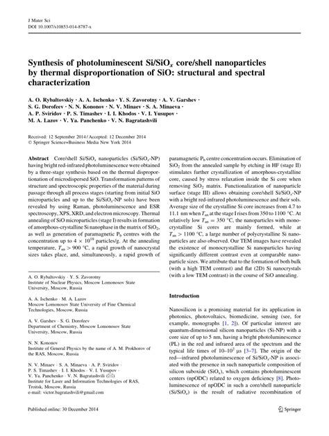 Pdf Synthesis Of Photoluminescent Sisio X Coreshell Nanoparticles By Thermal