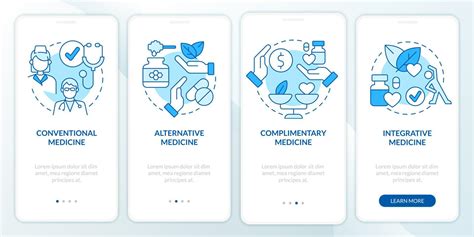 Types Of Healthcare Approaches Blue Onboarding Mobile App Screen Walkthrough 4 Steps Editable