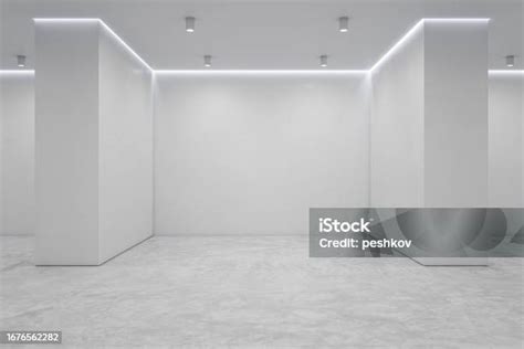 벽에 모형이 있는 현대적인 가벼운 콘크리트 갤러리 인테리어 예술과 전시 개념 3d 렌더링 0명에 대한 스톡 사진 및 기타 이미지 Istock