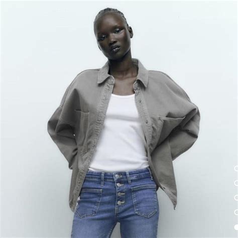 Zara Denim Khaki Overshirt Shacket With Pockets Depop