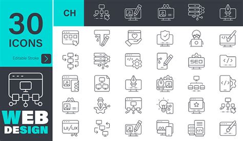 웹 디자인 아이콘 세트 30 편집 가능한 획 벡터 그래픽 요소 웹 페이지 텍스트 쓰기 코딩 Seo 보호 창의성 수리 0명에 대한 스톡 벡터 아트 및 기타 이미지 Istock