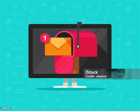 사서함 화면 벡터 일러스트 레이 션 메일 상자와 플랫 만화 데스크톱 Pc 디스플레이 받은 새 전자 메일의 개념 편지 또는 회보