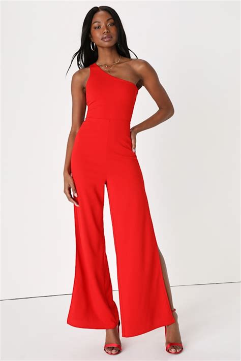 Red Wide Leg Jumpsuit Backless Jumpsuit One Shoulder Jumpsuit Lulus