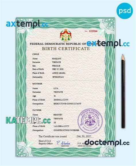 Sample Ethiopia Birth Certificate Psd Template Completely Editable
