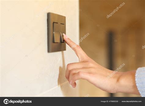 Close Woman Hand Pushing Light Switch Home Stock Photo By AntonioGuillemF 479680330