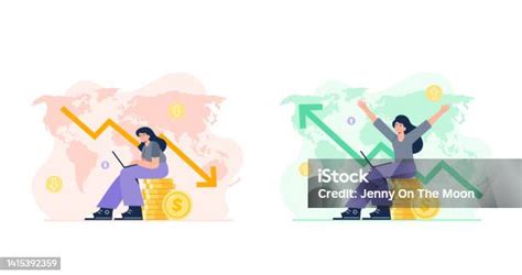재무 개념 금융과의 다른 관계 돈을 잃는 여성과 글로벌 위기로 돈을 버는 여성 벡터 플랫 일러스트레이션 가계에 대한 스톡 벡터 아트 및 기타 이미지 Istock
