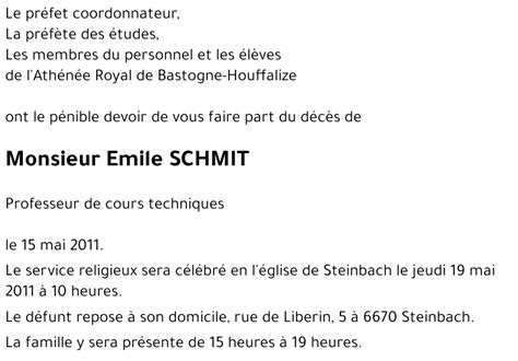 Avis De Décès De Emile Schmit Décédé Le 01 01 1901 à Annonce Condoléances Fleurs Etc L