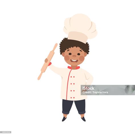 부엌 만화 스타일 벡터 일러스트에서 요리사 유니폼 요리에 롤링 핀 웃는 아이와 귀여운 소년 요리사 요리사 가정 주방에 대한 스톡 벡터 아트 및 기타 이미지 Istock