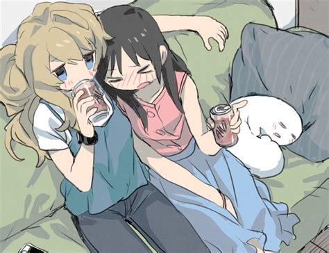 Safebooru 2girls Ahoge Bangs Black Hair Blonde Hair Blue Eyes Blush Can Chito Shoujo