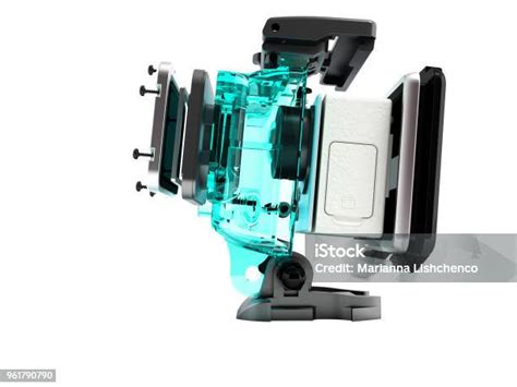 현대 액션 비디오 카메라 익 스 트림 스포츠에 대 한 분해 블루 투명 케이스에 화이트에서 3d 렌더링 배경 그림자 기어 기계 부분에 대한 스톡 사진 및 기타 이미지 Istock