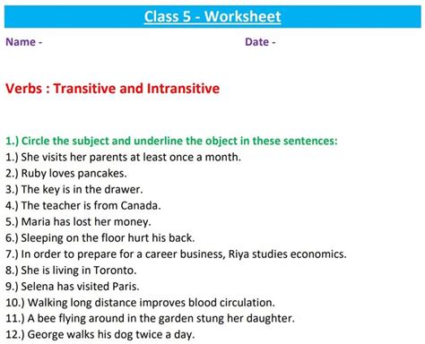 Verbs Transitive And Intransitive Class 5 Worksheet Fill In The