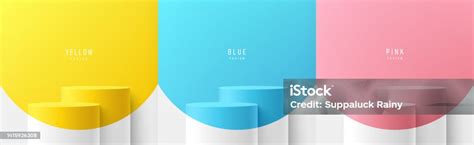 흰색 사실적인 3d 실린더 스탠드 연단 그룹의 세트와 파스텔 노란색 파란색과 곡선 모양 배경에 분홍색 추상 벡터 렌더링 기하학적 형태 모형 제품 표시 최소한의 장면 강단에