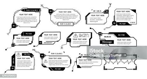 Hud 배너 시스템 정보와 마사지를 위한 콜아웃 박스 텍스트 및 인포그래픽을 위한 장소가 있는 미래 인터페이스 요소입니다 컴퓨터 비디오 게임 인터페이스 벡터 프레임 세트