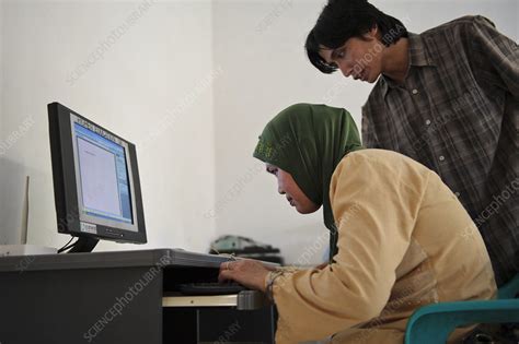 Visually Impaired Woman Using Computer Stock Image C026 8413 Science Photo Library