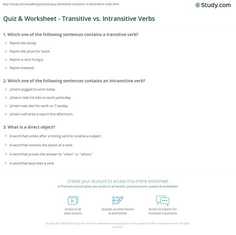 Quiz Worksheet Transitive Vs Intransitive Verbs Study