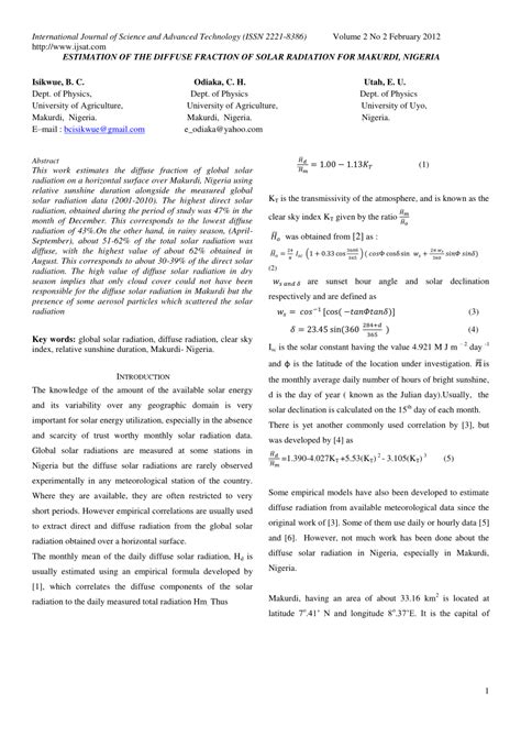 Pdf Estimation Of The Diffuse Fraction Of Solar Radiation For Makurdi Nigeria