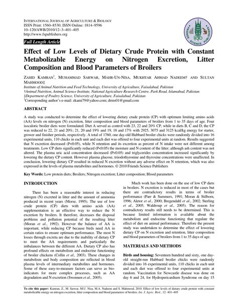 Pdf Effect Of Low Levels Of Dietary Crude Protein With Constant Metabolizable Energy On