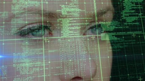 Animation Of Data Processing And Light Spots Over Eyes Of Caucasian