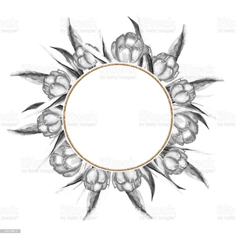 반짝이는 수채화 튤립 둥근 프레임 손으로 그린 그림 계절에 대한 스톡 벡터 아트 및 기타 이미지 계절 꽃 나무 꽃 식물