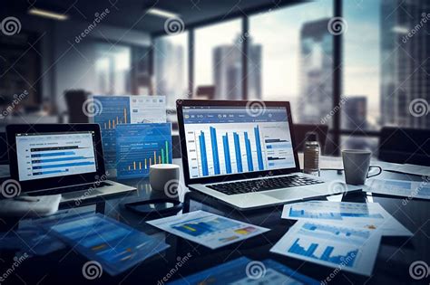 Modern Office Workspace With Analytics Reports And Laptops Illustrating Data Trends Stock Image