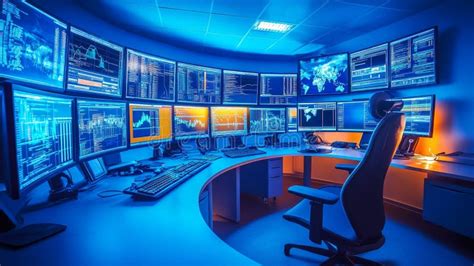 Modern Office Workstation With Multiple Monitors And Blue Lighting Stock Image Image Of