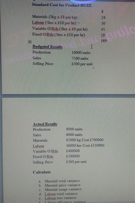 Solved A Material Total Variance B Material Price
