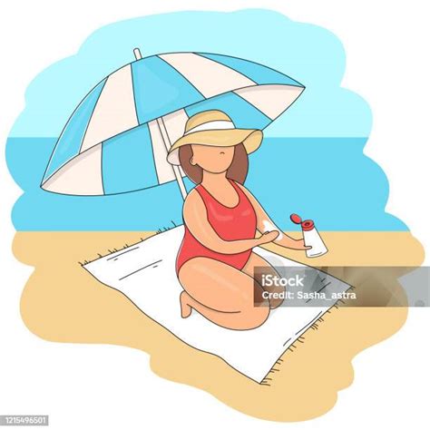 모자를 쓰고 해변 우산 아래에서 여자는 그녀의 몸에 자외선 차단제를 얼룩 관광 리조트에 대한 스톡 벡터 아트 및 기타 이미지 관광 리조트 귀여운 더러운 Istock