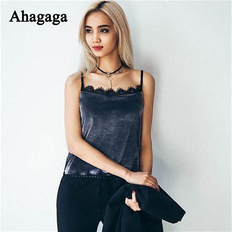 Ahagaga 2017 Autumn Winter Women Sexy Velvet Lace Camis Fashion Elegant