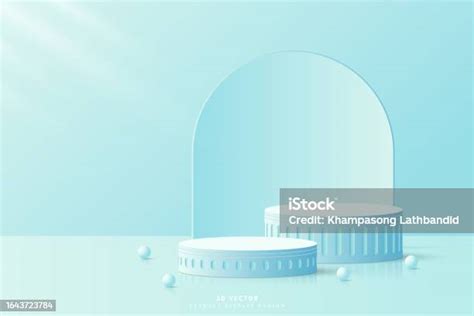 아치 모양의 배경과 구체 공이 있는 깨끗한 스튜디오 룸에서 사실적인 현대 3d 파란색 실린더 연단 받침대 쇼 화장품 또는 제품