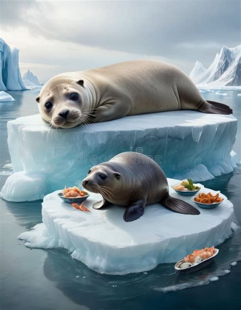 Seals On Iceberg With Seafood Platter Stock Photo Image Of Seafood